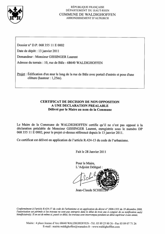 Non-opposition à une déclaration préalable - DP11E0002 - M. GISSINGER ... Non-opposition à une déclaration préalable - DP11E0002 - M. GISSINGER ...